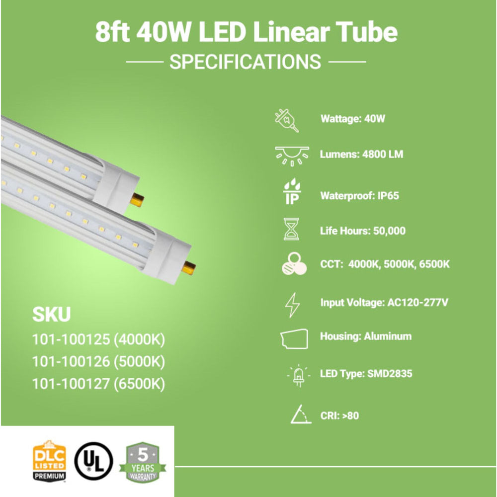 8ft 40W LED Linear Tube | 4800 Lumens Fa8 Socket LED Linear Tube In USA