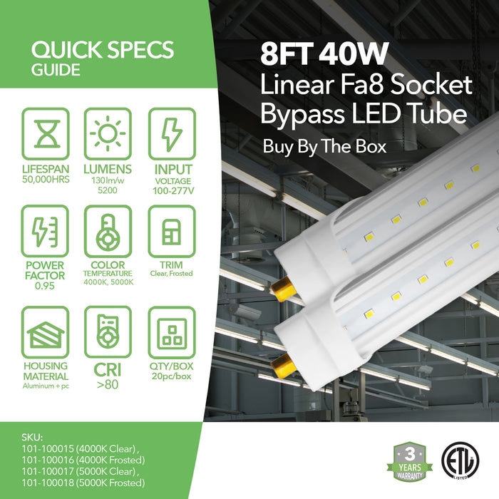 8ft 40W LED Linear Tube | 8ft 40W 20 Pack Fa8 Socket LED Linear Tube In USA